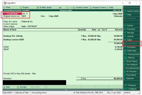 Credit Note Voucher (Ctrl + F8) – Sales Return in Tally.ERP9